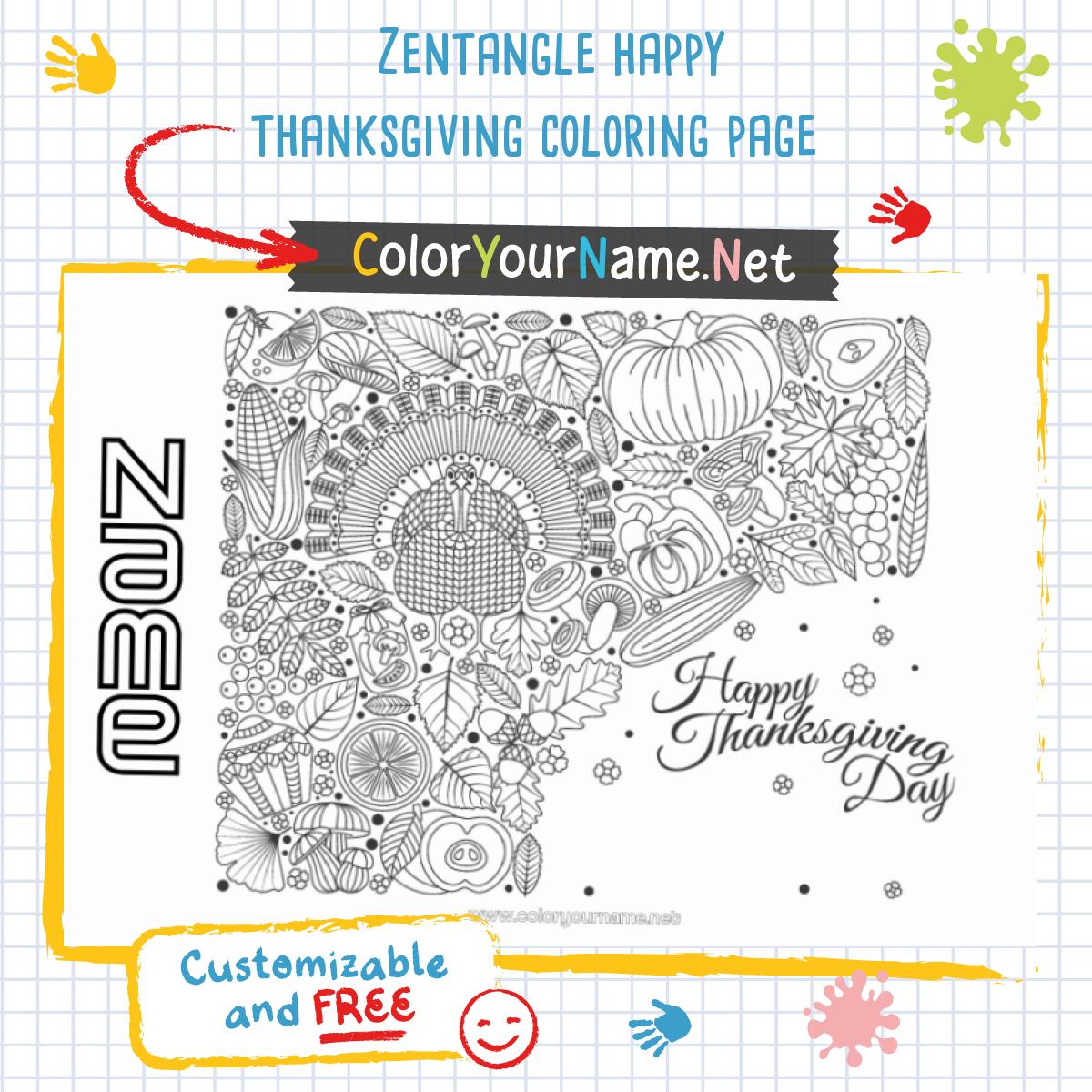 Zentangle happy thanksgiving coloring page