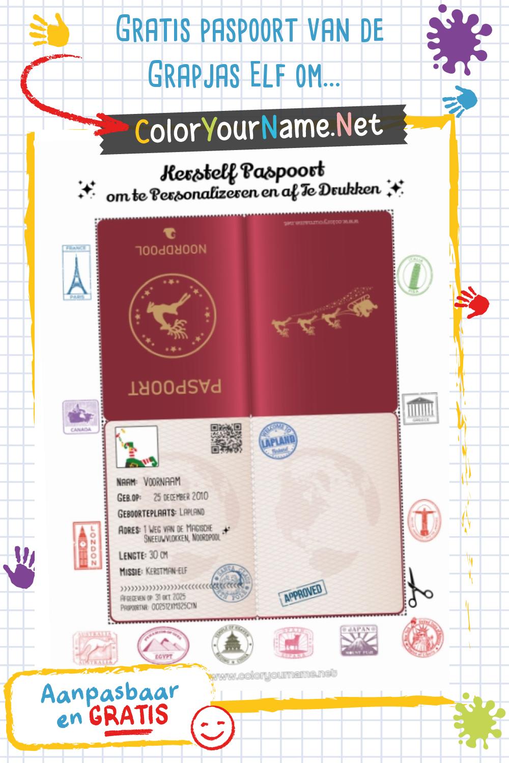 Gratis paspoort van de Grapjas Elf om af te drukken