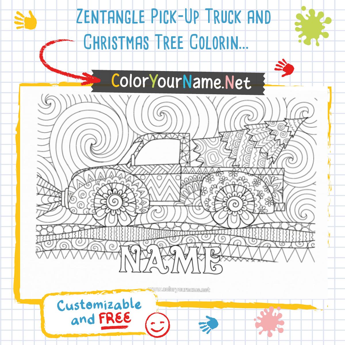 Zentangle Pick-Up Truck and Christmas Tree Coloring - Free