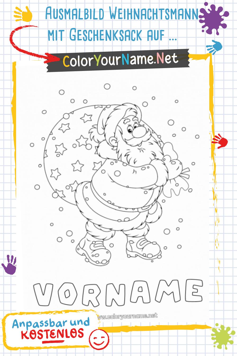 Ausmalbild Weihnachtsmann mit Geschenksack auf dem Rücken