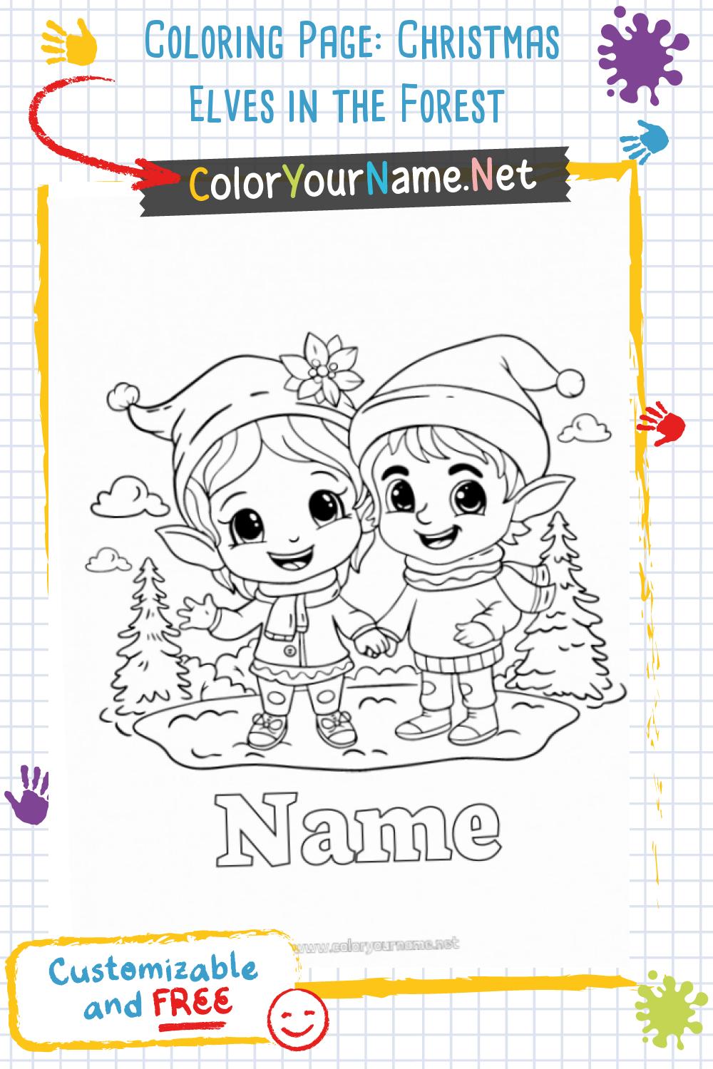 Coloring Page: Christmas Elves in the Forest