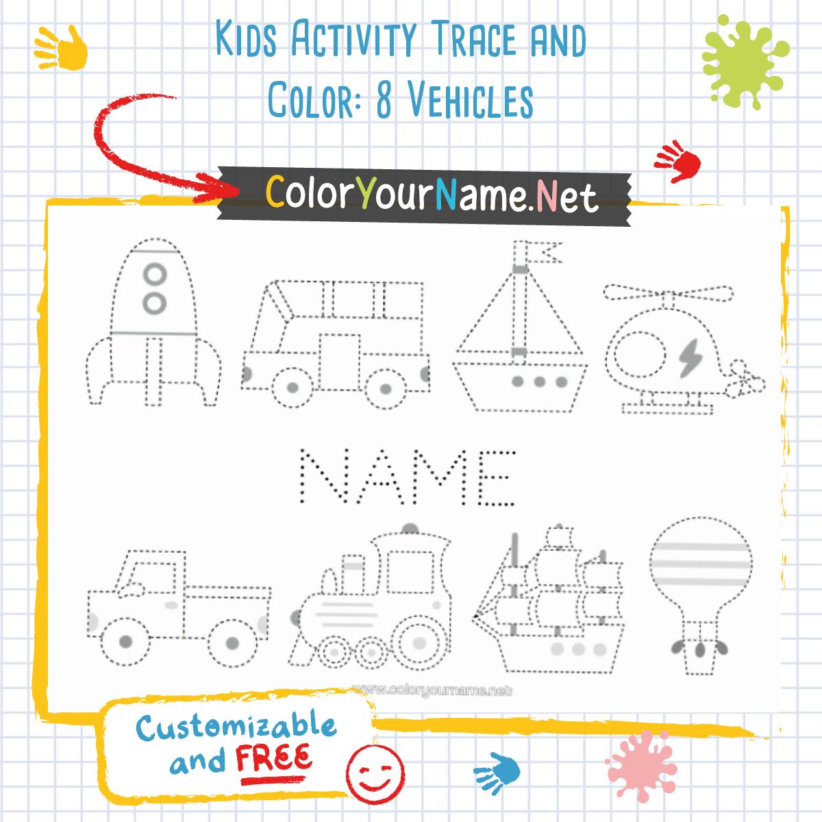 Kids Activity Trace and Color: 8 Vehicles