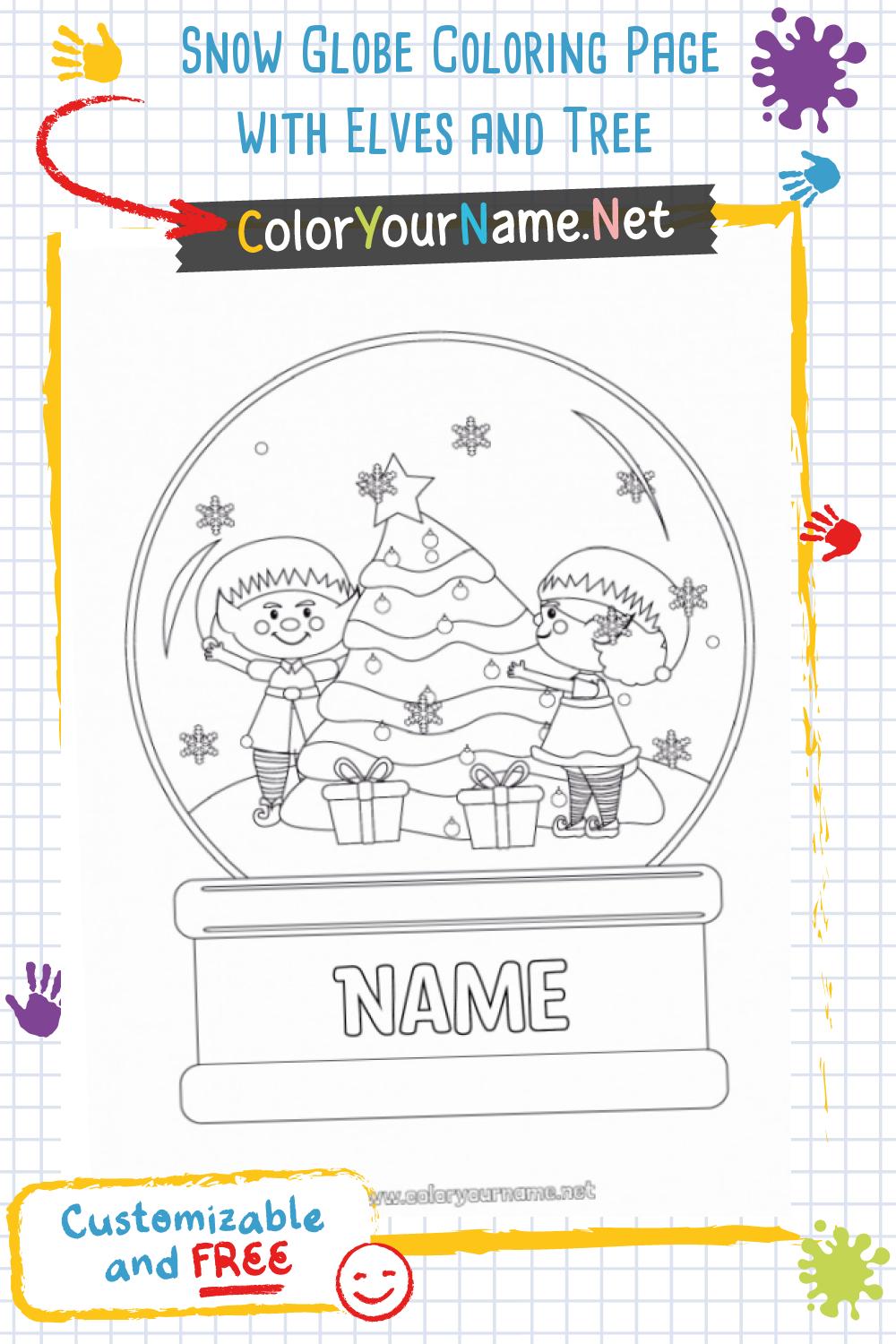 Snow Globe Coloring Page with Elves and Tree