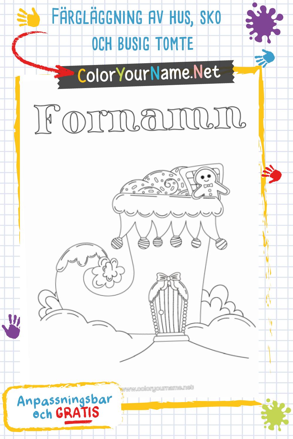 Färgläggning av hus, sko och busig tomte