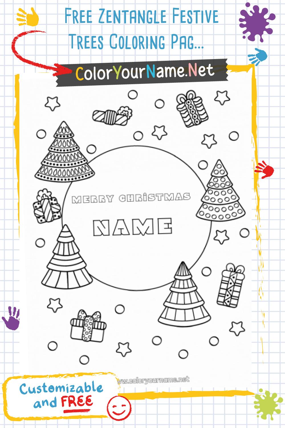Free Zentangle Festive Trees Coloring Page - Personalized Message