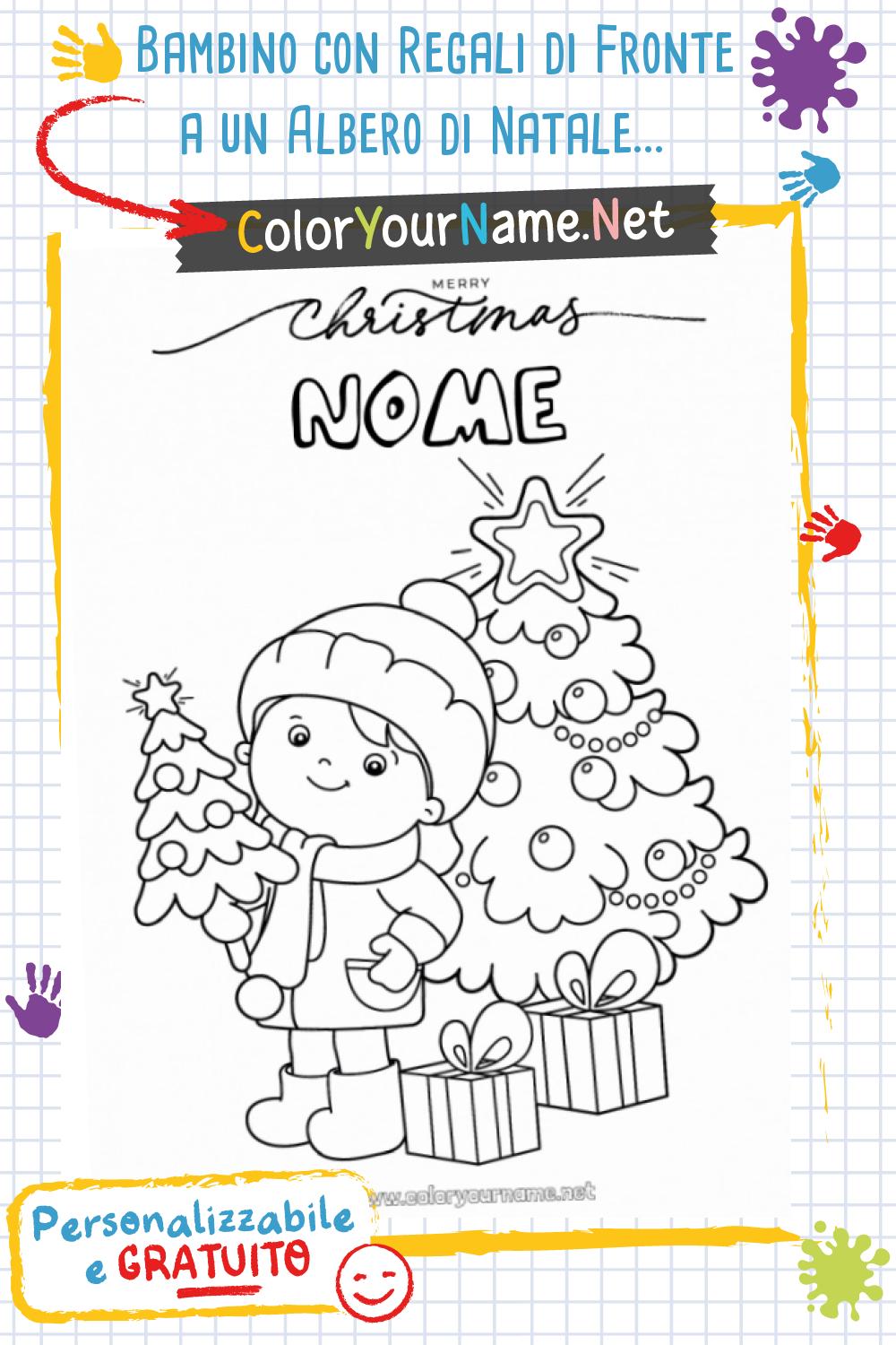Bambino con Regali di Fronte a un Albero di Natale da Colorare