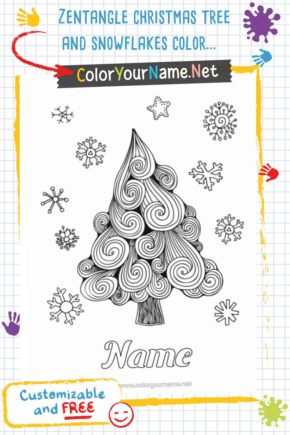 Zentangle christmas tree and snowflakes coloring Page