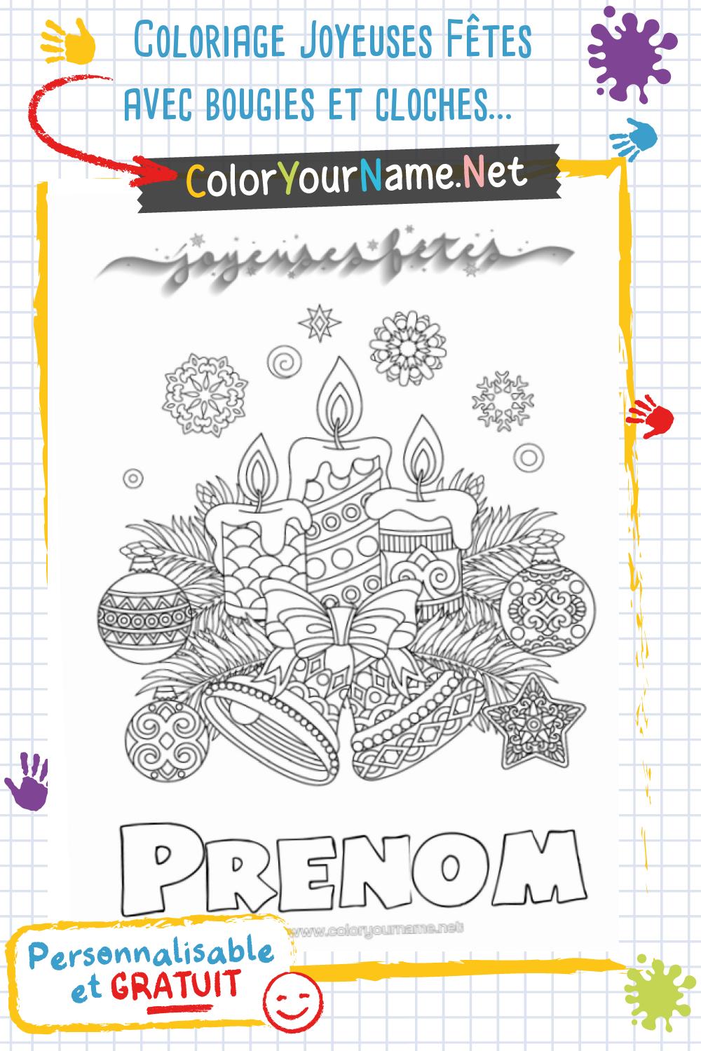 Coloriage Joyeuses Fêtes avec bougies et cloches de Noël