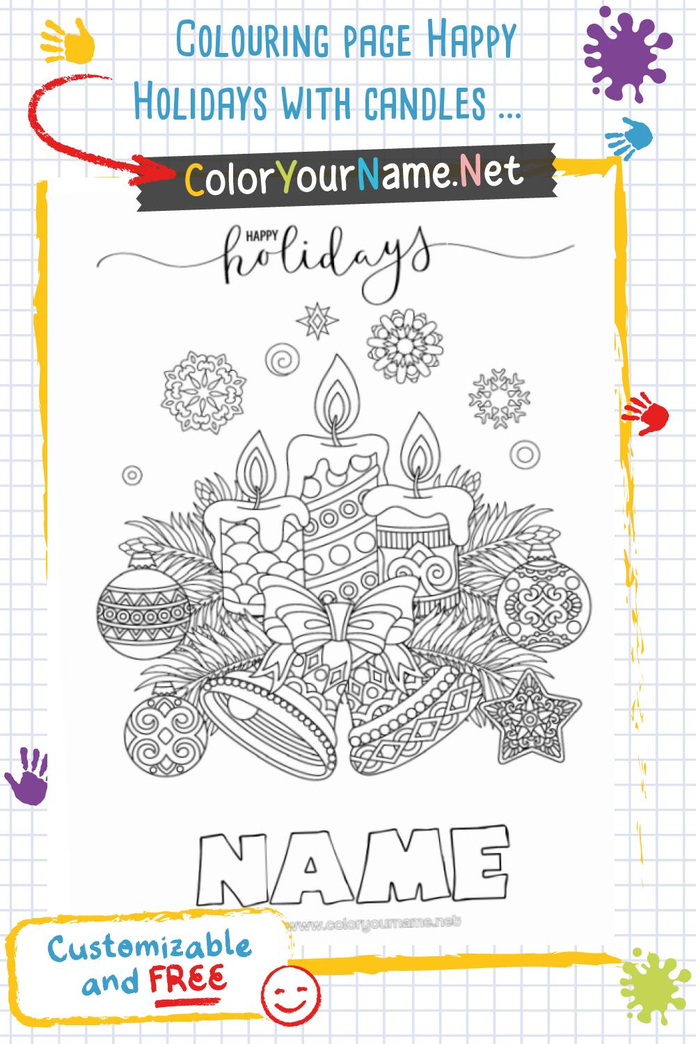 Colouring page Happy Holidays with candles and Christmas bells