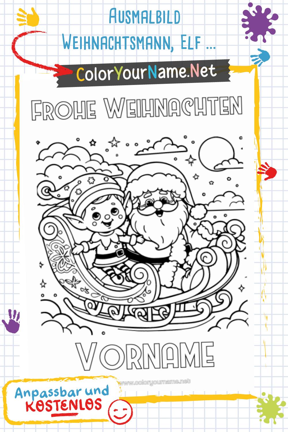 Ausmalbild Weihnachtsmann, Elf und Schlitten