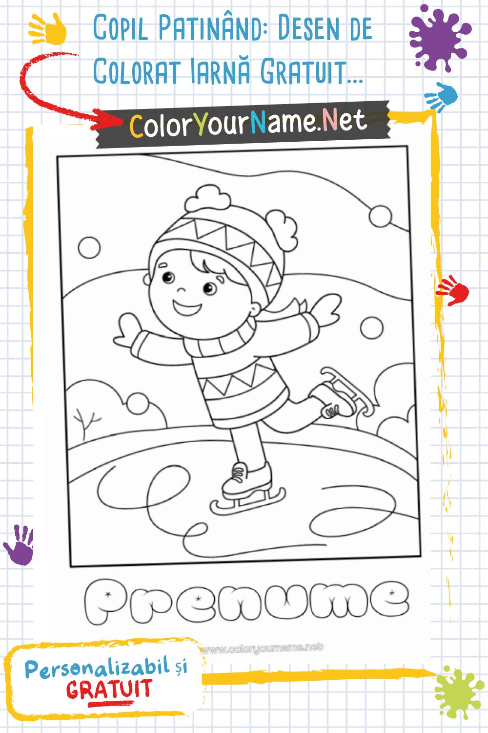 Copil Patinând: Desen de Colorat Iarnă Gratuit de Imprimat