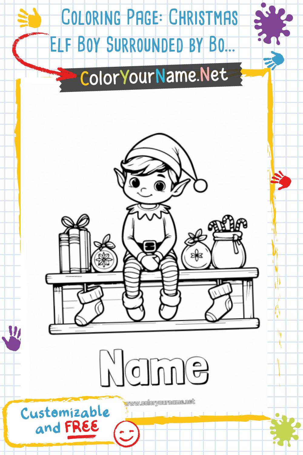 Coloring Page: Christmas Elf Boy Surrounded by Books and Candy Canes