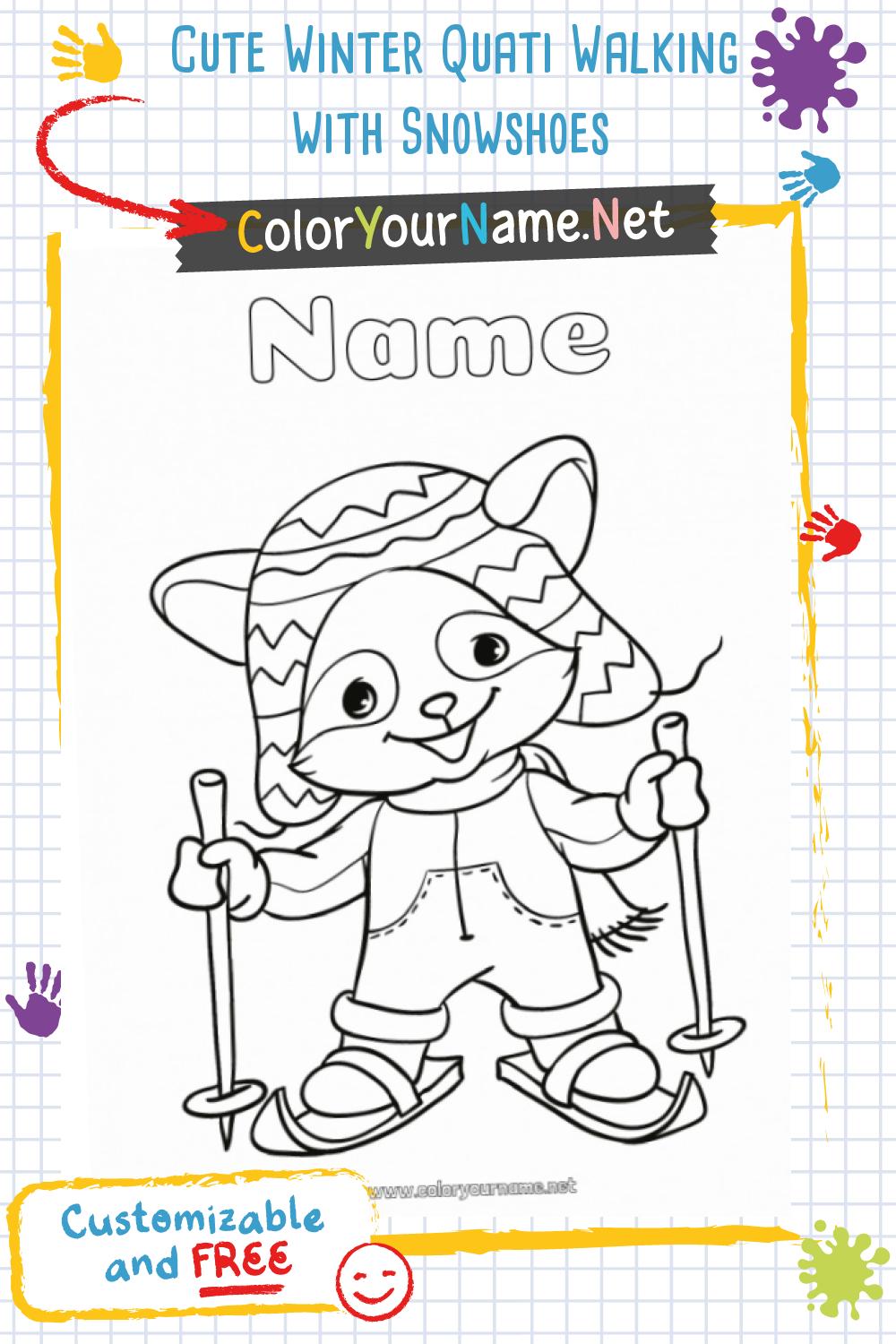 Cute Winter Quati Walking with Snowshoes