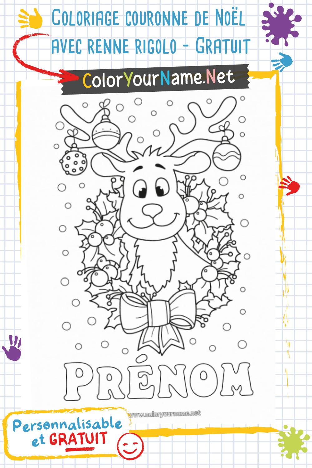 Coloriage couronne de Noël avec renne rigolo - Gratuit