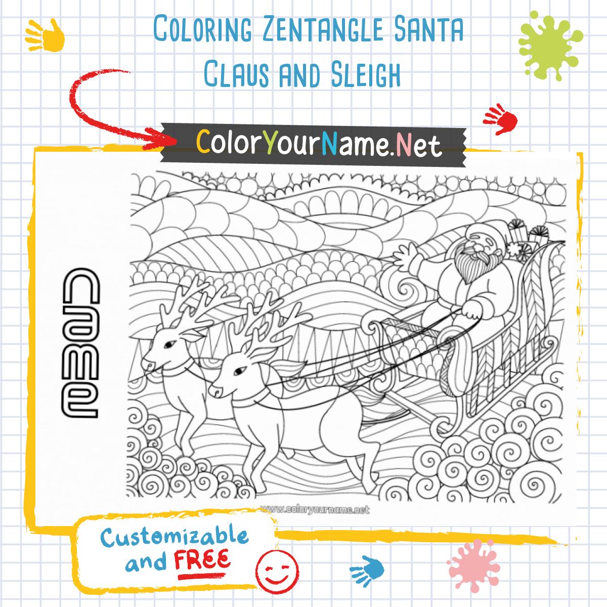 Coloring Zentangle Santa Claus and Sleigh