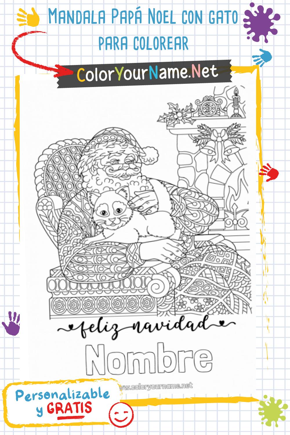 Mandala Papá Noel con gato para colorear