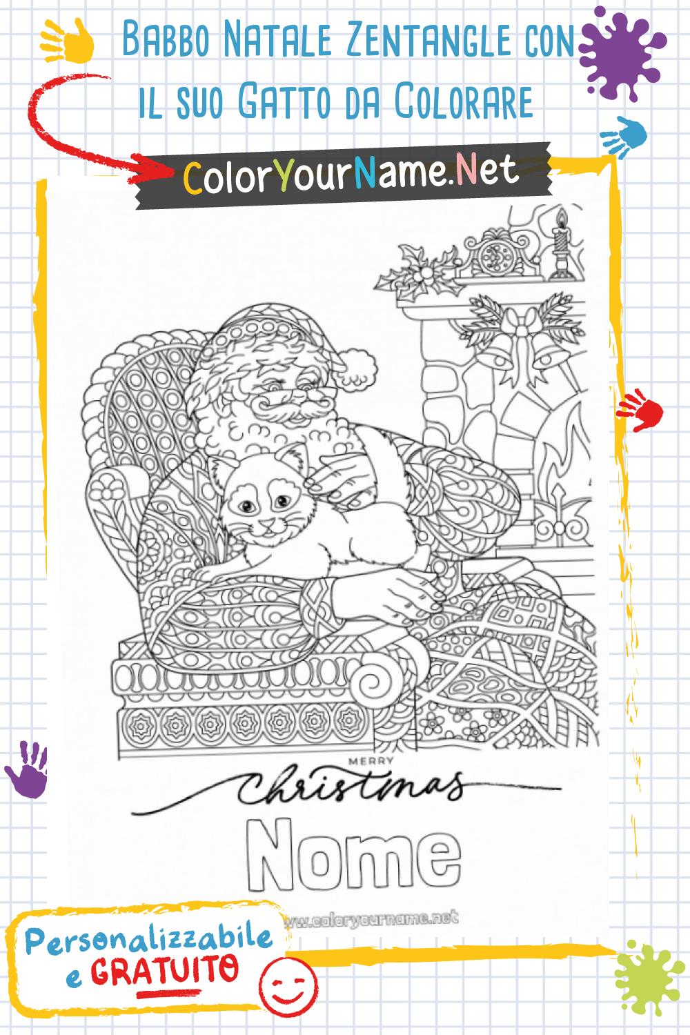 Babbo Natale Zentangle con il suo Gatto da Colorare