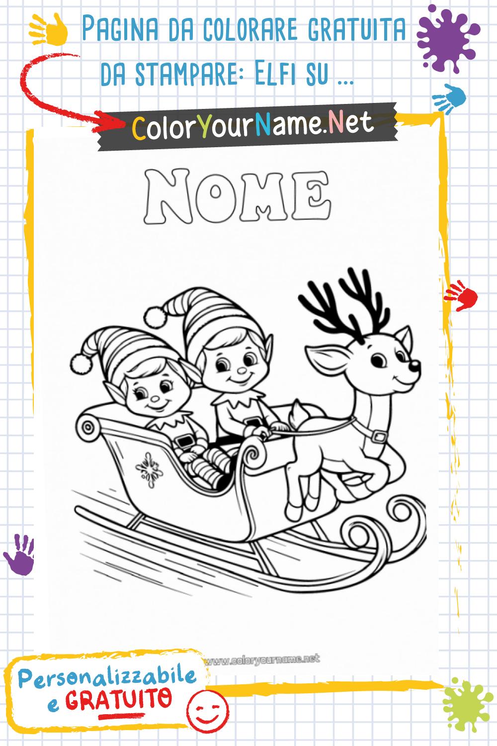 Pagina da colorare gratuita da stampare: Elfi su una slitta con renna