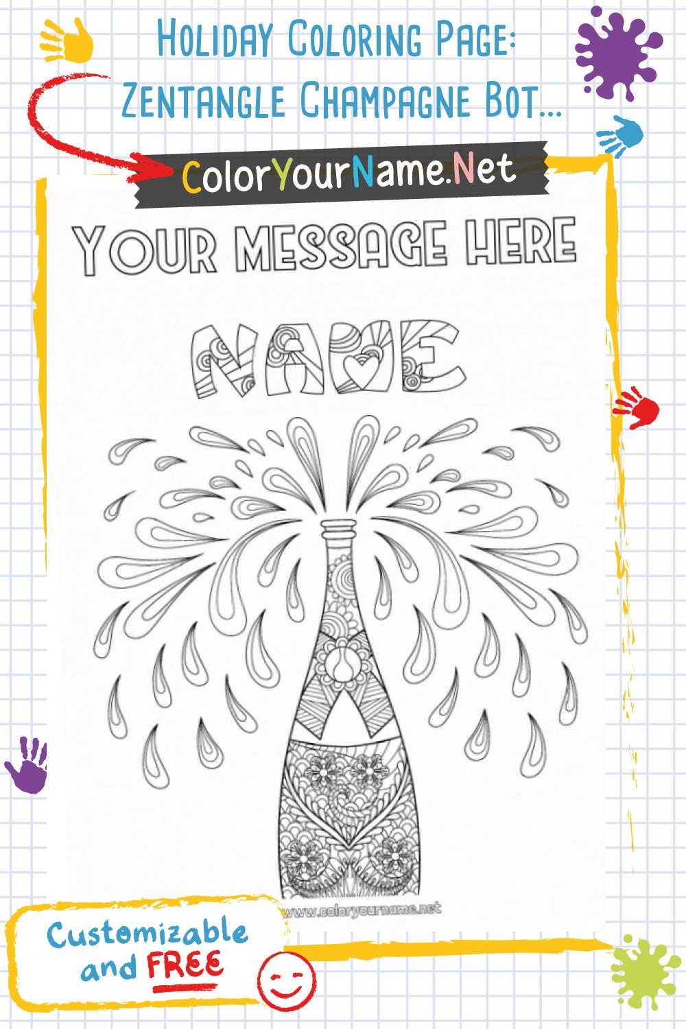 Holiday Coloring Page: Zentangle Champagne Bottle and Bubbles