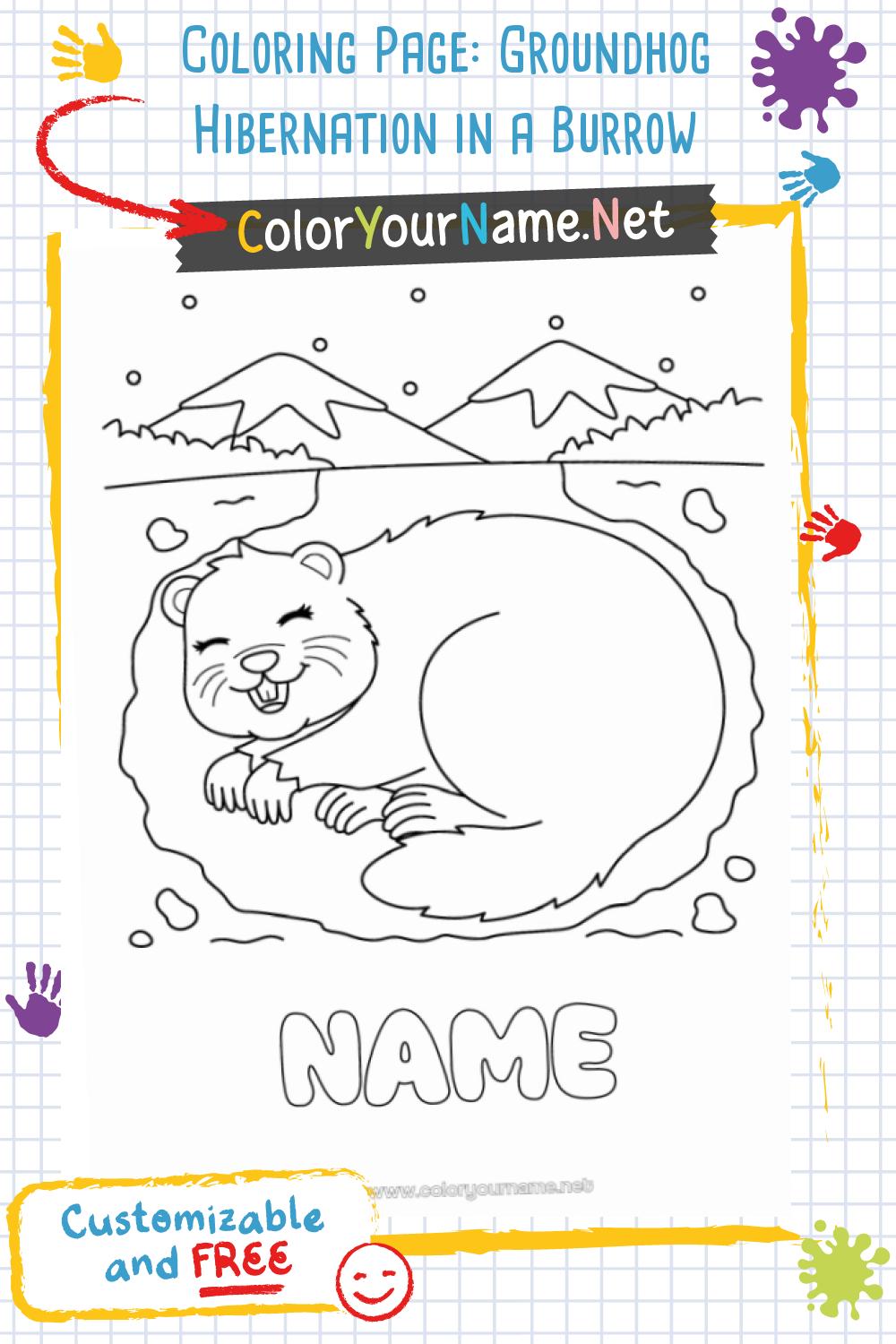 Coloring Page: Groundhog Hibernation in a Burrow