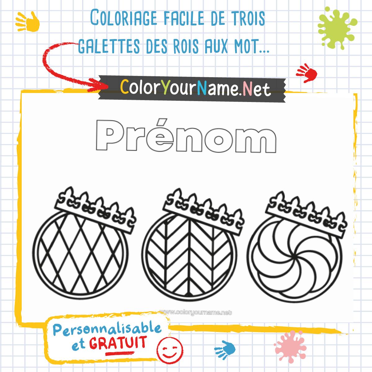 Coloriage facile de trois galettes des rois aux motifs différents
