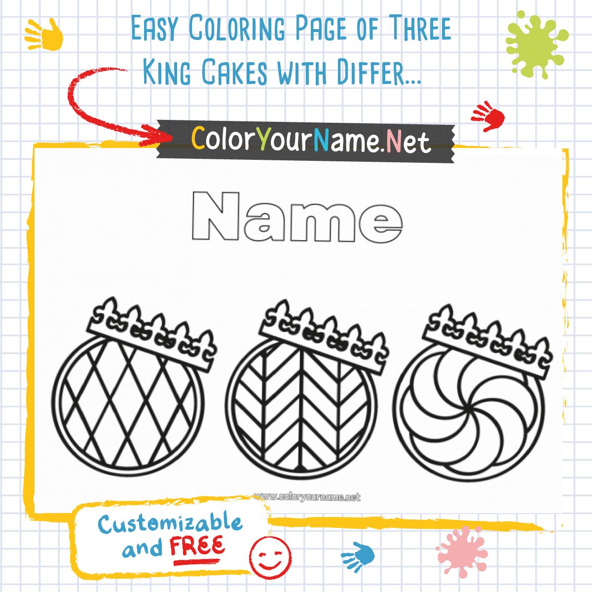Easy Coloring Page of Three King Cakes with Different Patterns