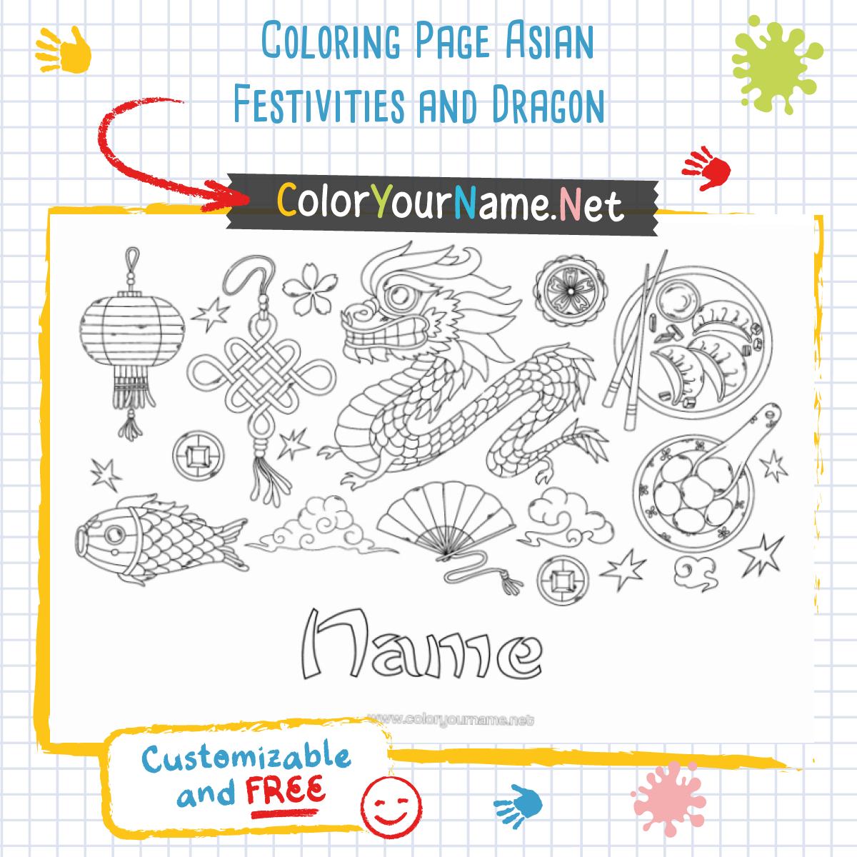 Coloring Page Asian Festivities and Dragon