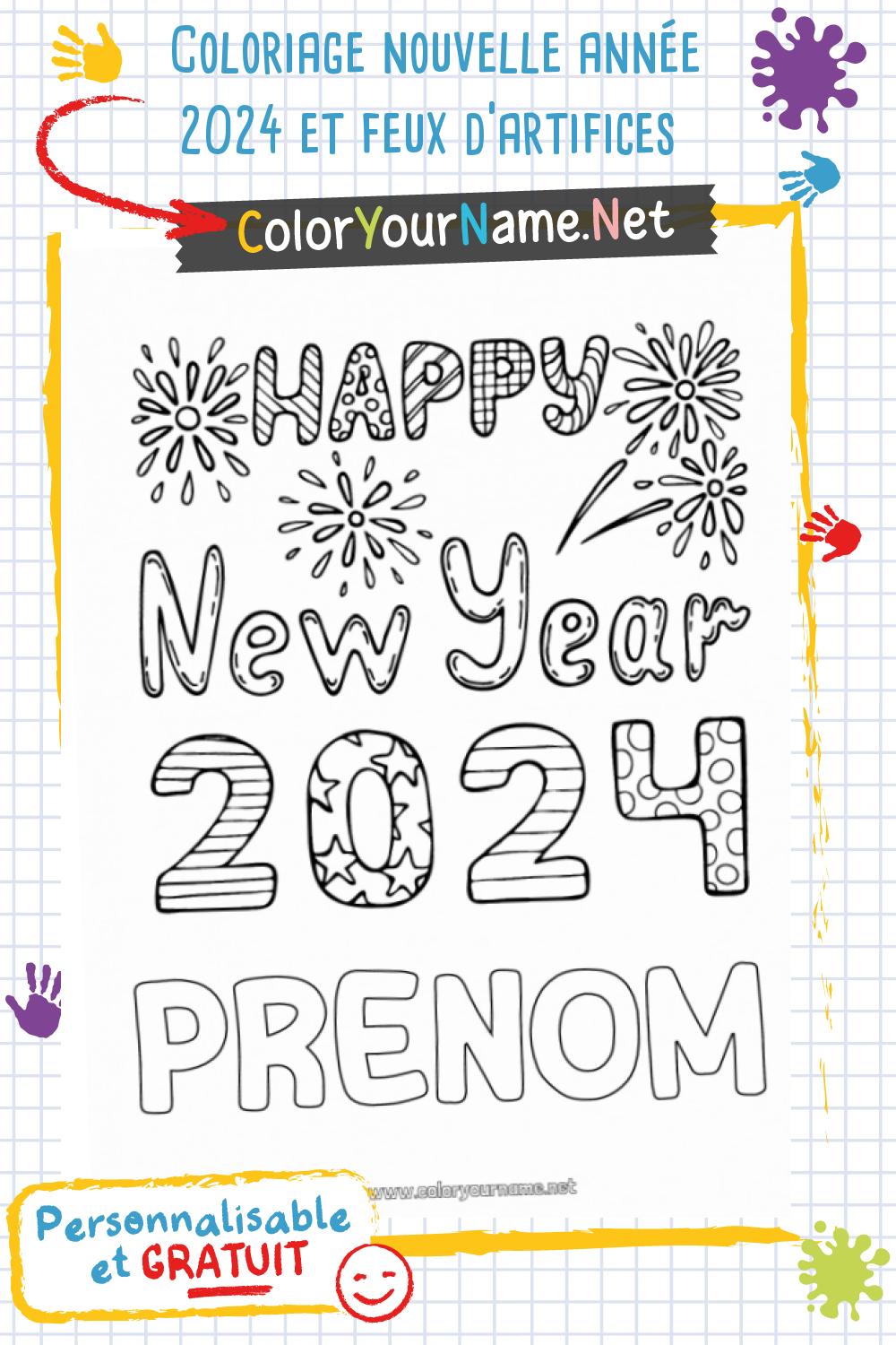 Coloriage nouvelle année 2024 et feux d'artifices