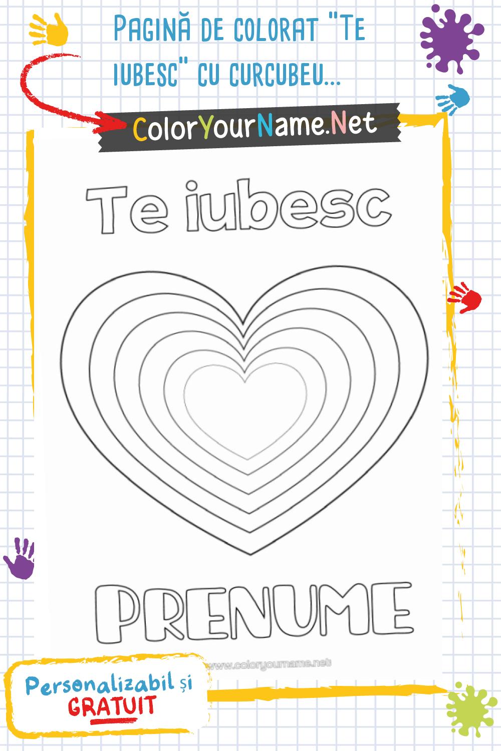 Pagină de colorat "Te iubesc" cu curcubeu de personalizat.