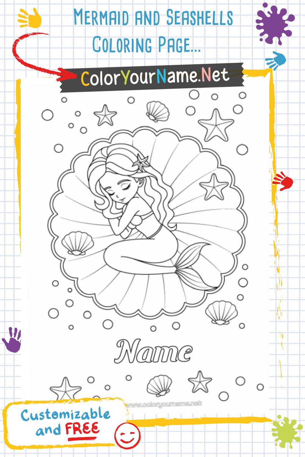 Mermaid and Seashells Coloring Page to Personalize