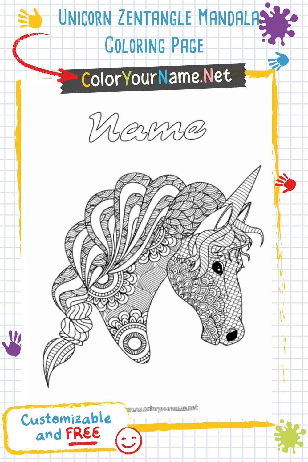 Unicorn Zentangle Mandala Coloring Page