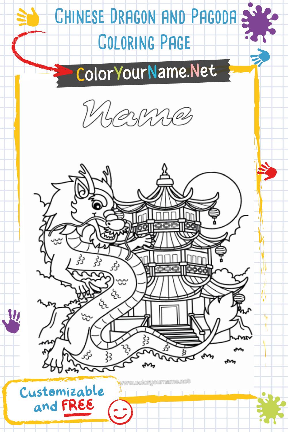 Chinese Dragon and Pagoda Coloring Page