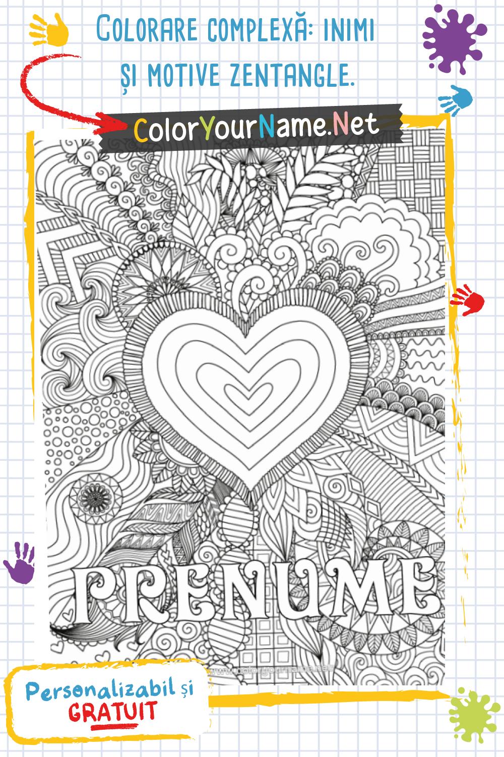 Colorare complexă: inimi și motive zentangle.