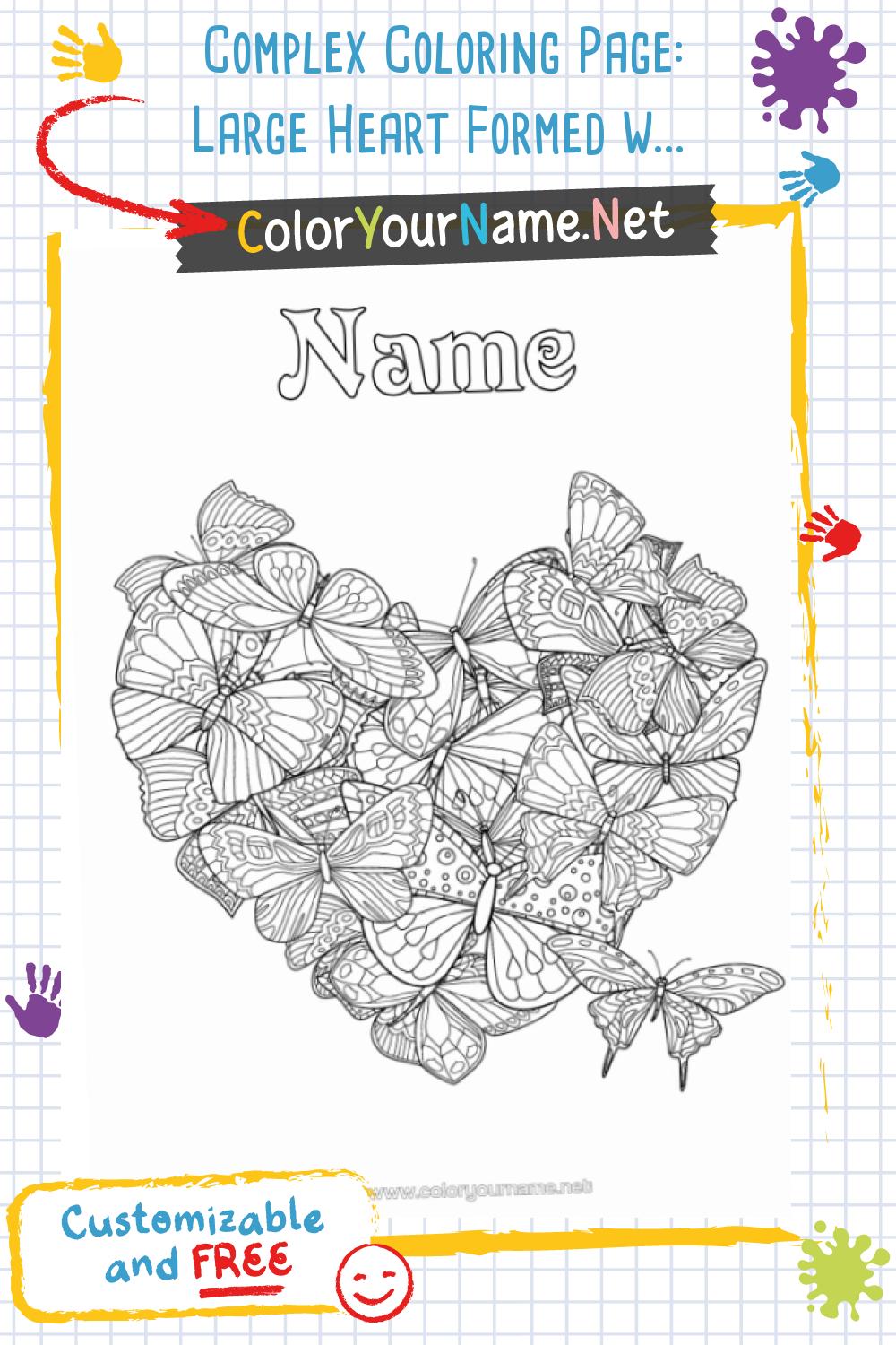 Complex Coloring Page: Large Heart Formed with Butterflies