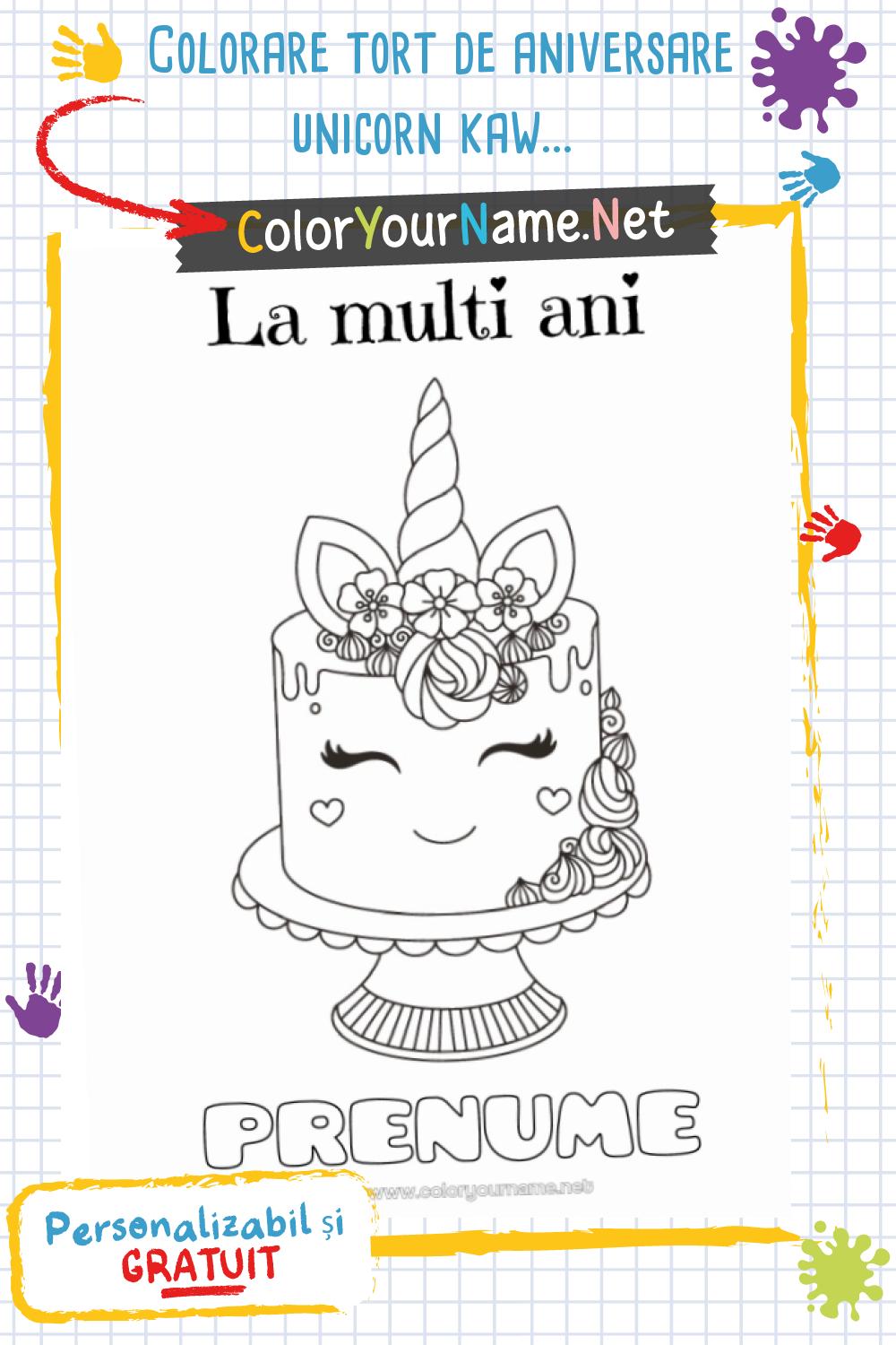 Colorare tort de aniversare unicorn kawaii personalizabil