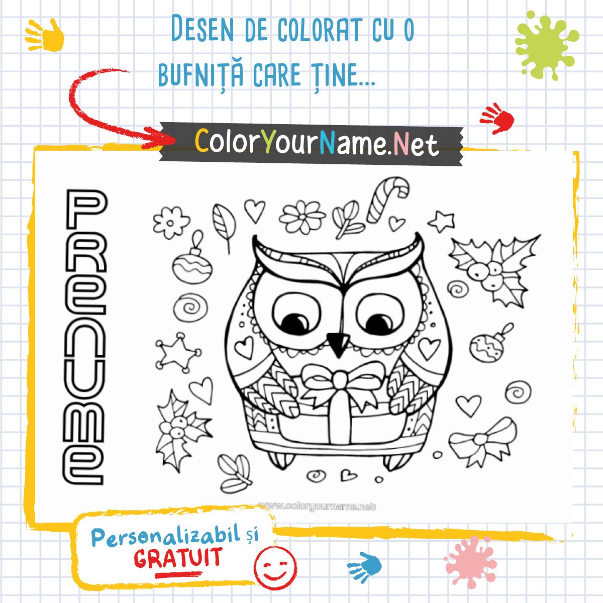 Desen de colorat cu o bufniță care ține un cadou.