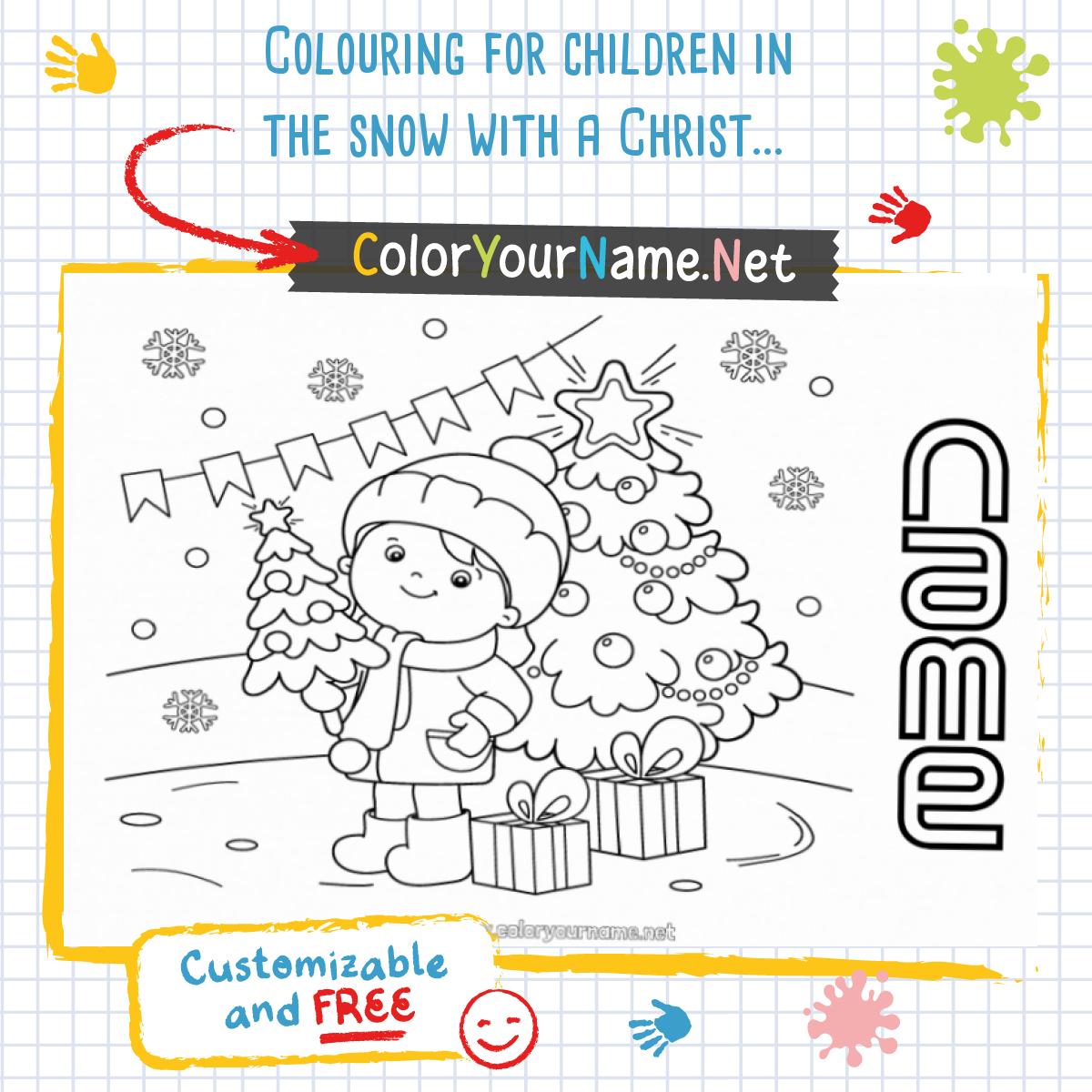 Colouring for children in the snow with a Christmas tree and presents