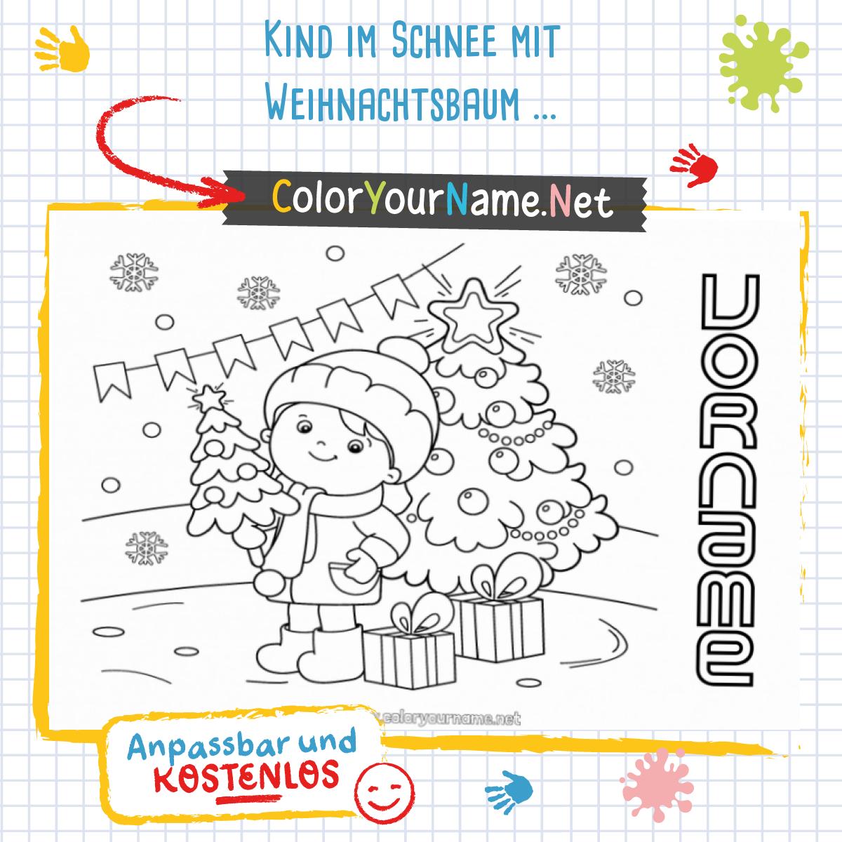 Kind im Schnee mit Weihnachtsbaum und Geschenken ausmalen