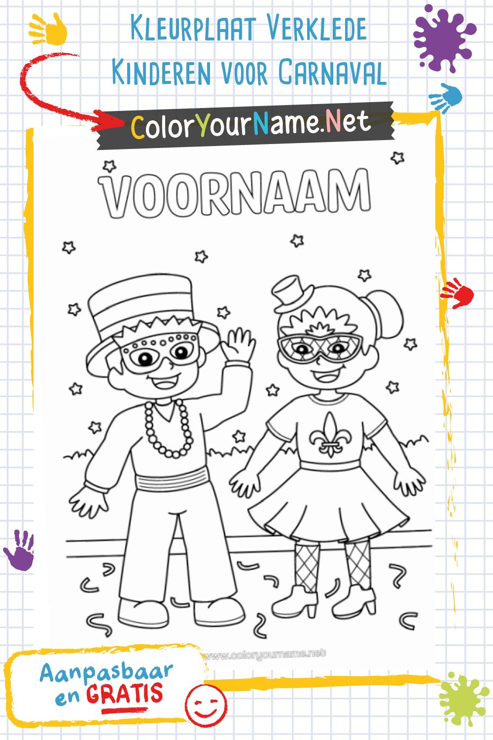 Kleurplaat Verklede Kinderen voor Carnaval