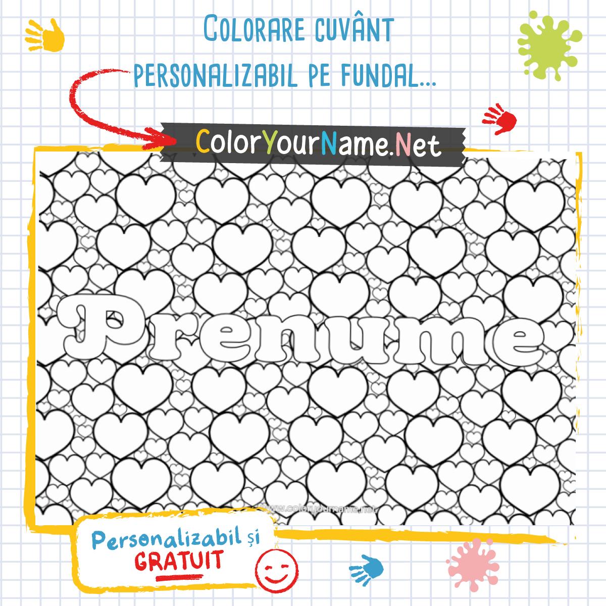 Colorare cuvânt personalizabil pe fundal de inimi