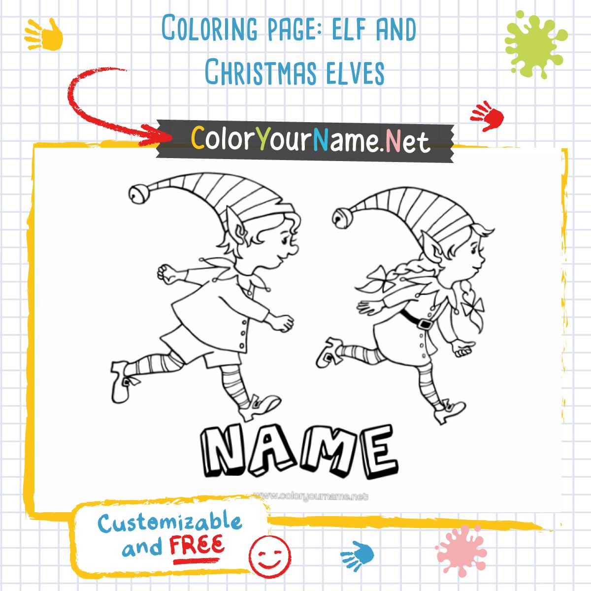 Coloring page: elf and Christmas elves