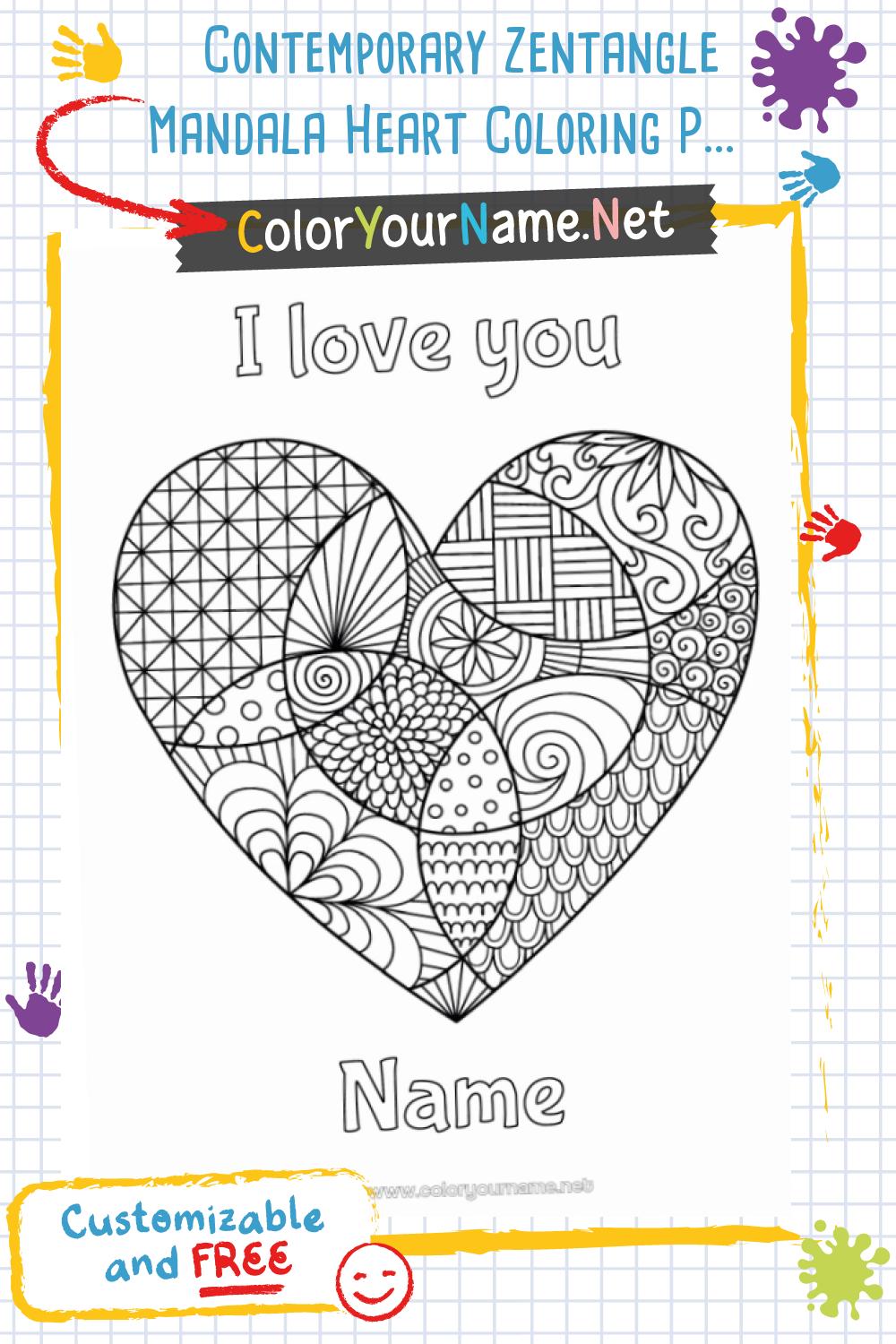 Contemporary Zentangle Mandala Heart Coloring Page to Personalize