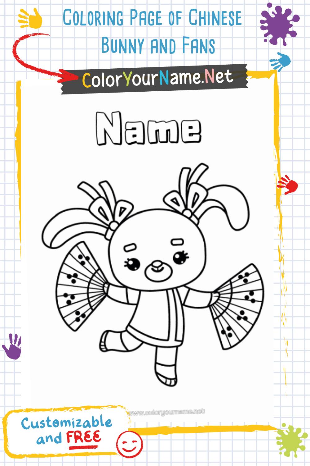 Coloring Page of Chinese Bunny and Fans