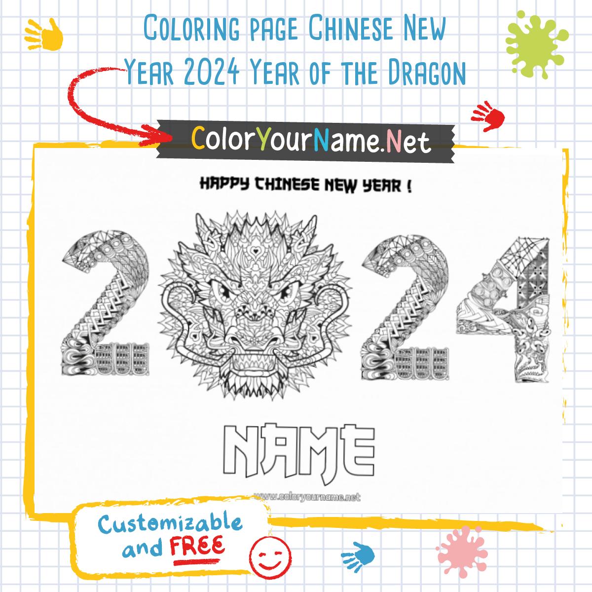 Coloring page Chinese New Year 2024 Year of the Dragon
