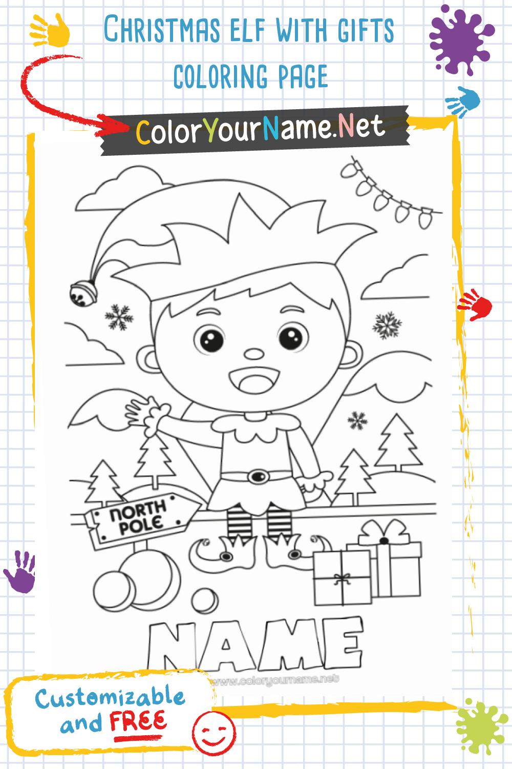 Christmas elf with gifts coloring page