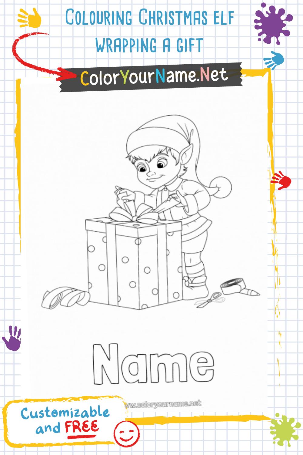 Colouring Christmas elf wrapping a gift