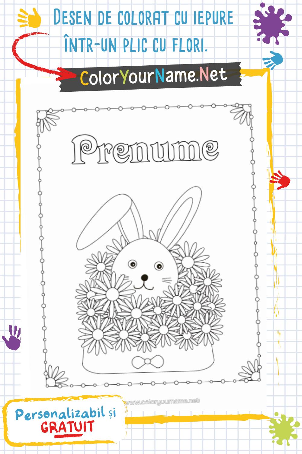 Desen de colorat cu iepure într-un plic cu flori.
