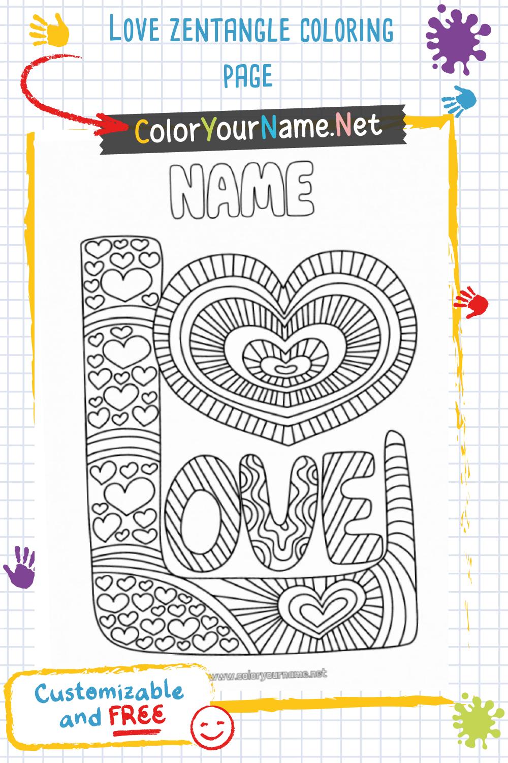Love zentangle coloring page