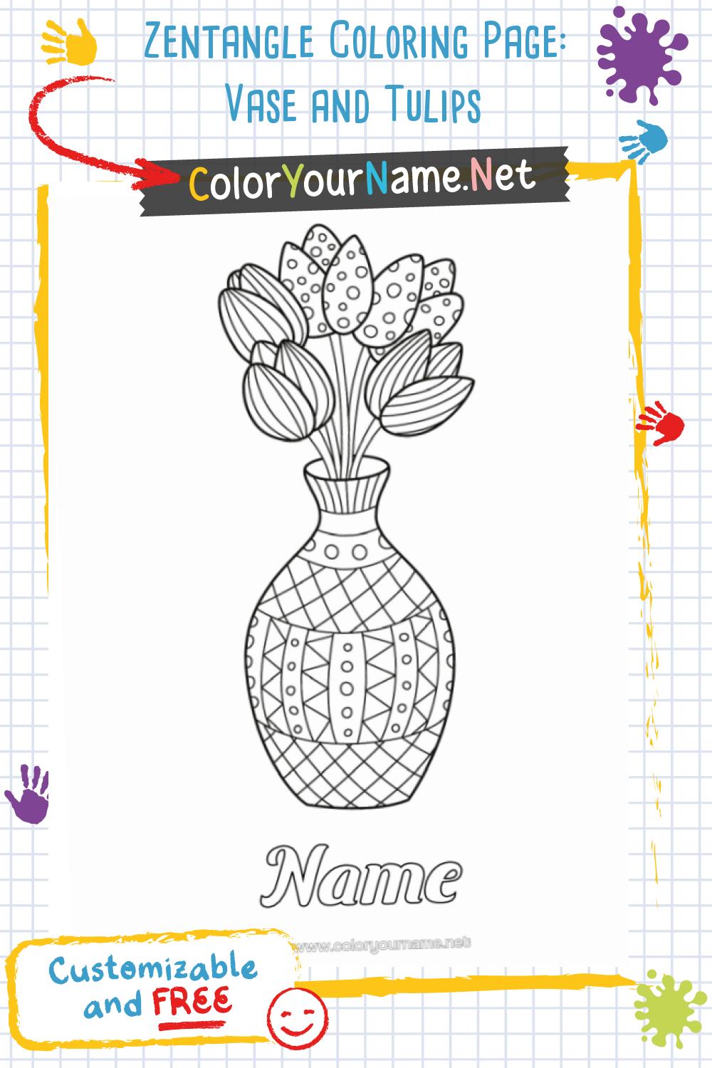 Zentangle Coloring Page: Vase and Tulips