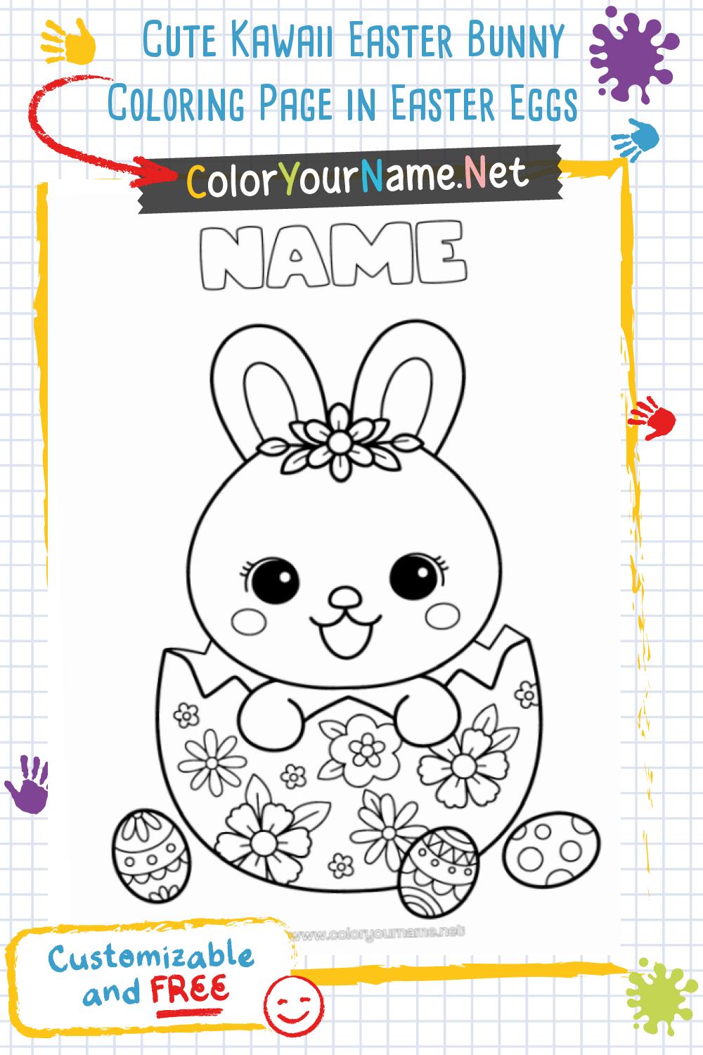 Cute Kawaii Easter Bunny Coloring Page in Easter Eggs